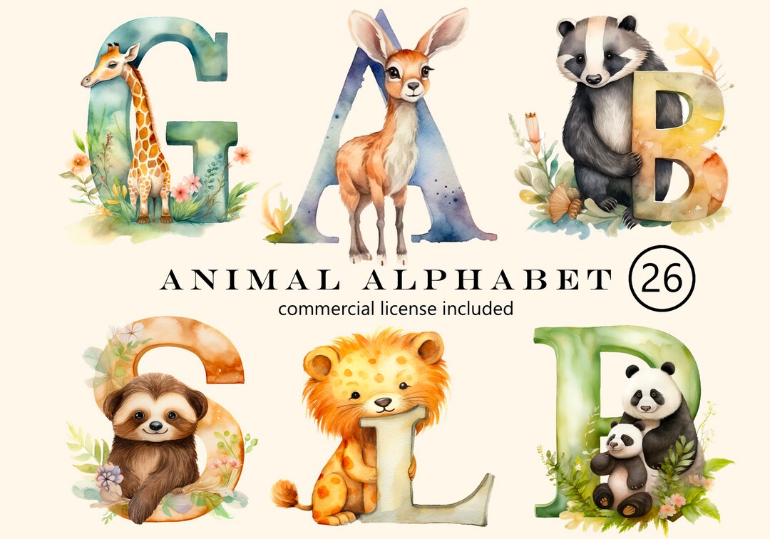 Animal Alphabet Watercolor Png, 26 Floral Letters Clipart, Digital ...