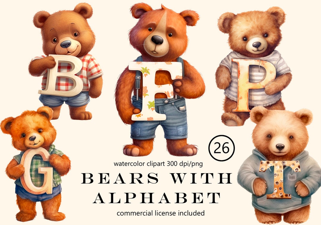 Bears With Alphabet, Animal Alphabet Watercolor Png, 26 Floral Letters ...