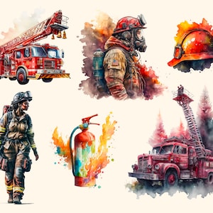 Firefighters Clipart Watercolor, Illustration Set, Stickers, Scrapbook ...
