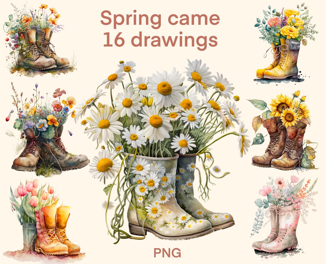 Spring Bouquet in Boots Clipart Watercolor Png, Sunflower Digital Print ...