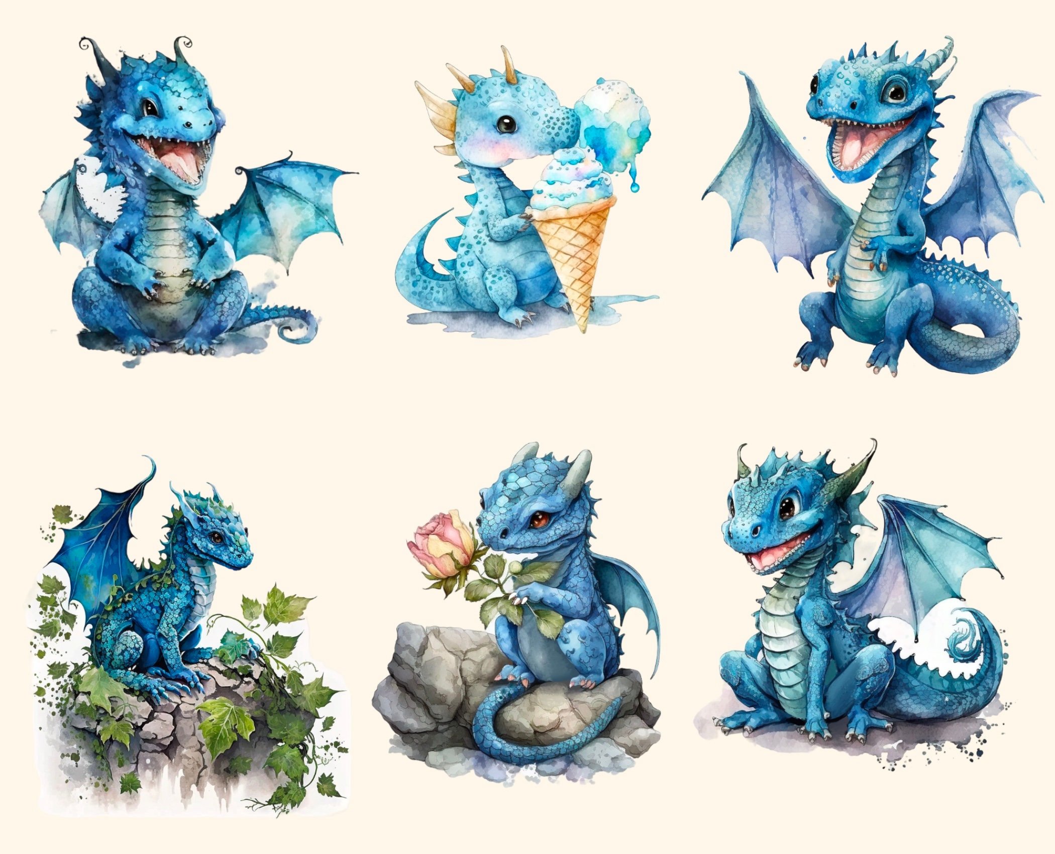 Baby Dragons Clipart Watercolor Png Cute Blue Baby Dragon - Etsy