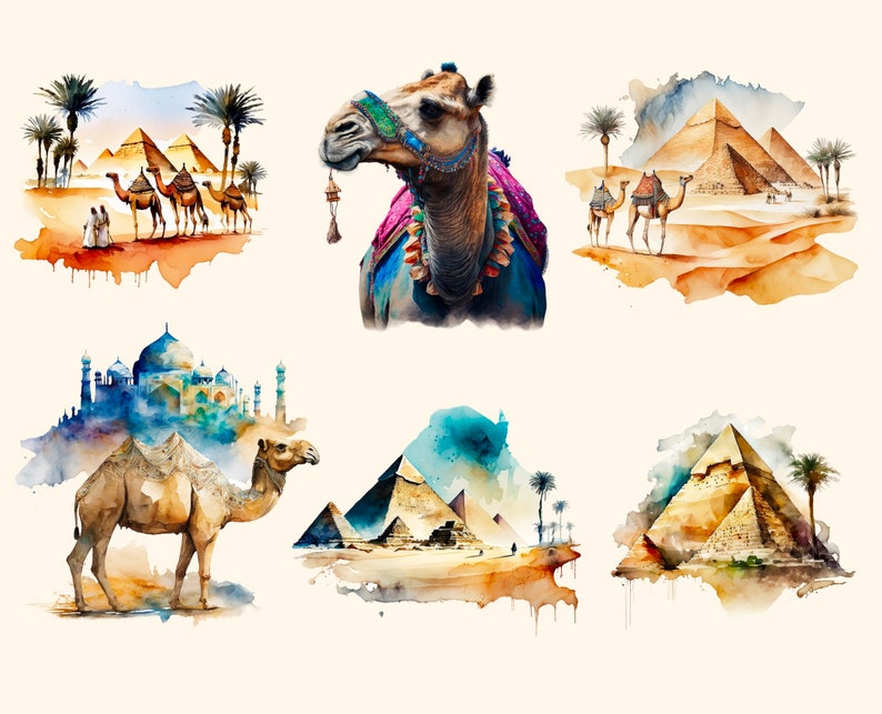 Egypt Watercolor Clipart Sphinx and Pyramids Digital Print - Etsy