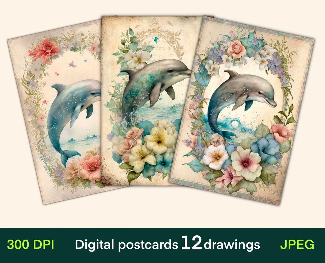 Dolphin Digital Cards, Journal Cards, Vintage Postcards Print, Digital ...
