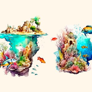 Sea, Coral Reef Watercolor Clipart, Undersea World, Beach Digital Print ...