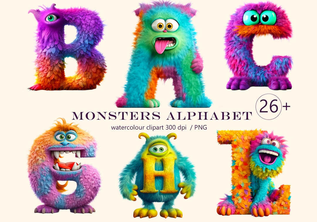 Monsters Alphabet Watercolor Clipart, 26 Letters, Funny Monsters ...