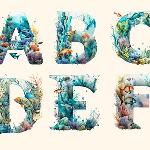 Alphabet Coral Reef, Ocean, Underwater World Watercolor Png, 26 Floral ...