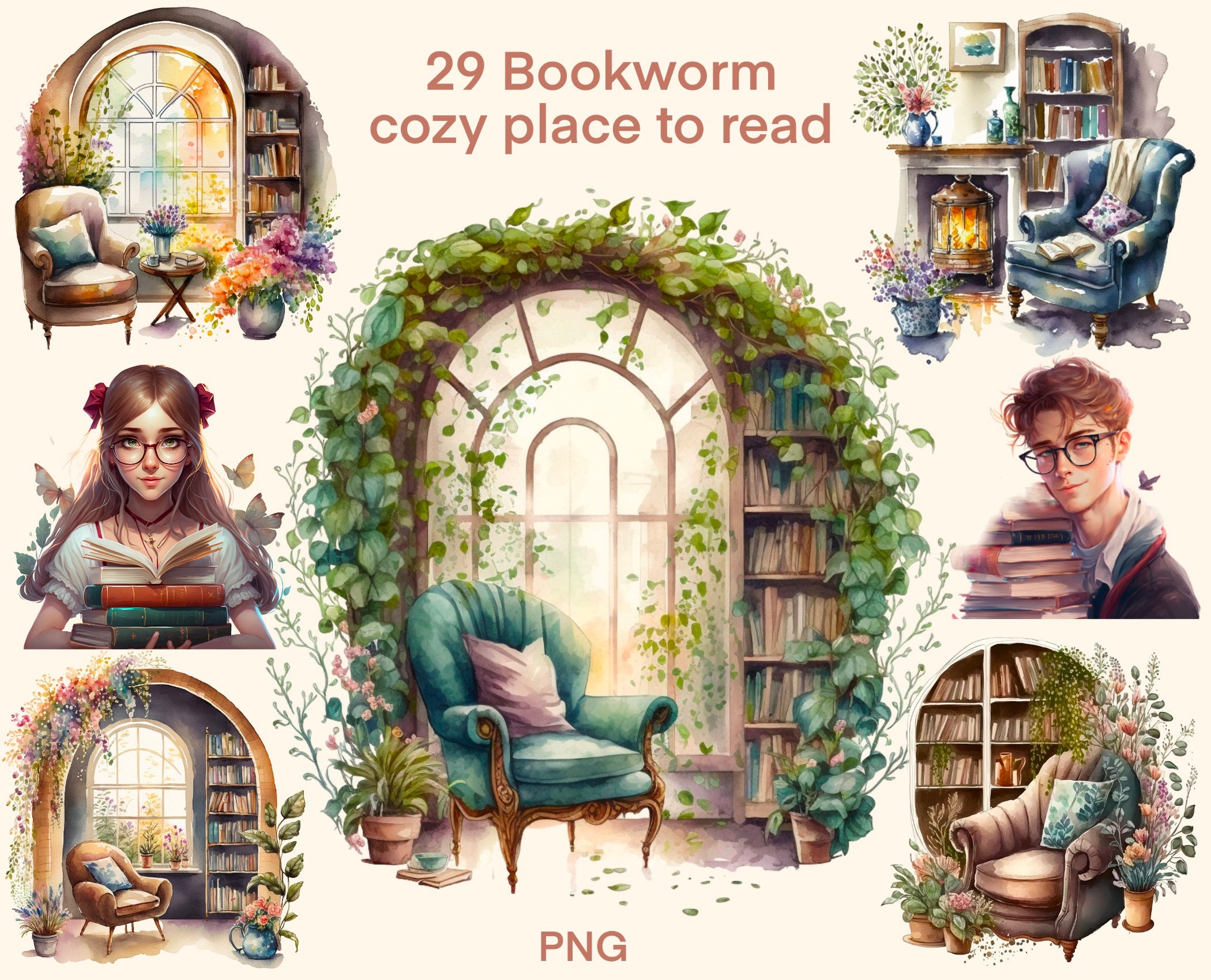 Bookworm Cozy Place to Read Clipart Watercolor Digital - Etsy