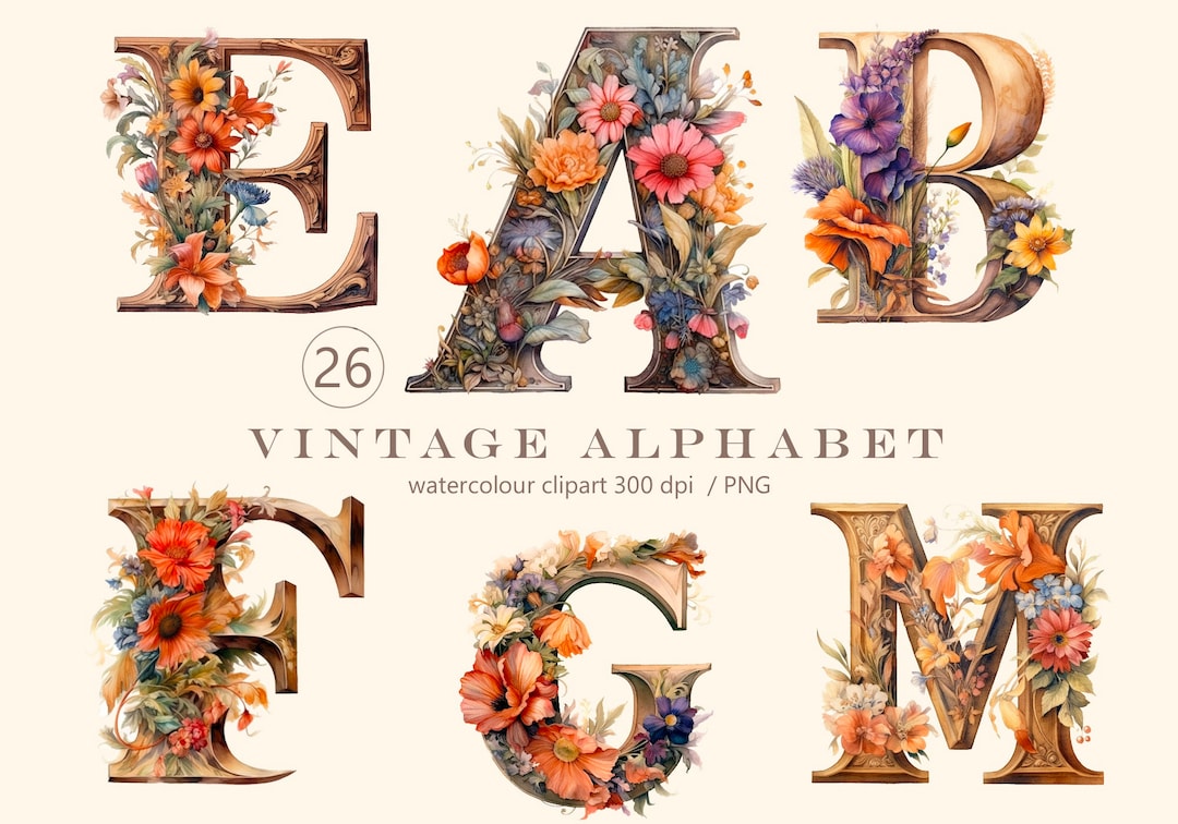 Vintage Alphabet Watercolor Png, 26 Floral Letters Clipart, Digital ...
