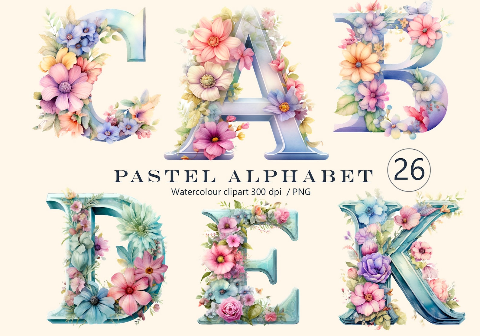 Pastel Alphabet Watercolor Png, 26 Floral Letters Clipart, Delicate ...