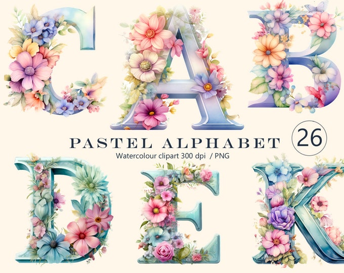 Pastel Alphabet Watercolor Png, 26 Floral Letters Clipart, Delicate ...