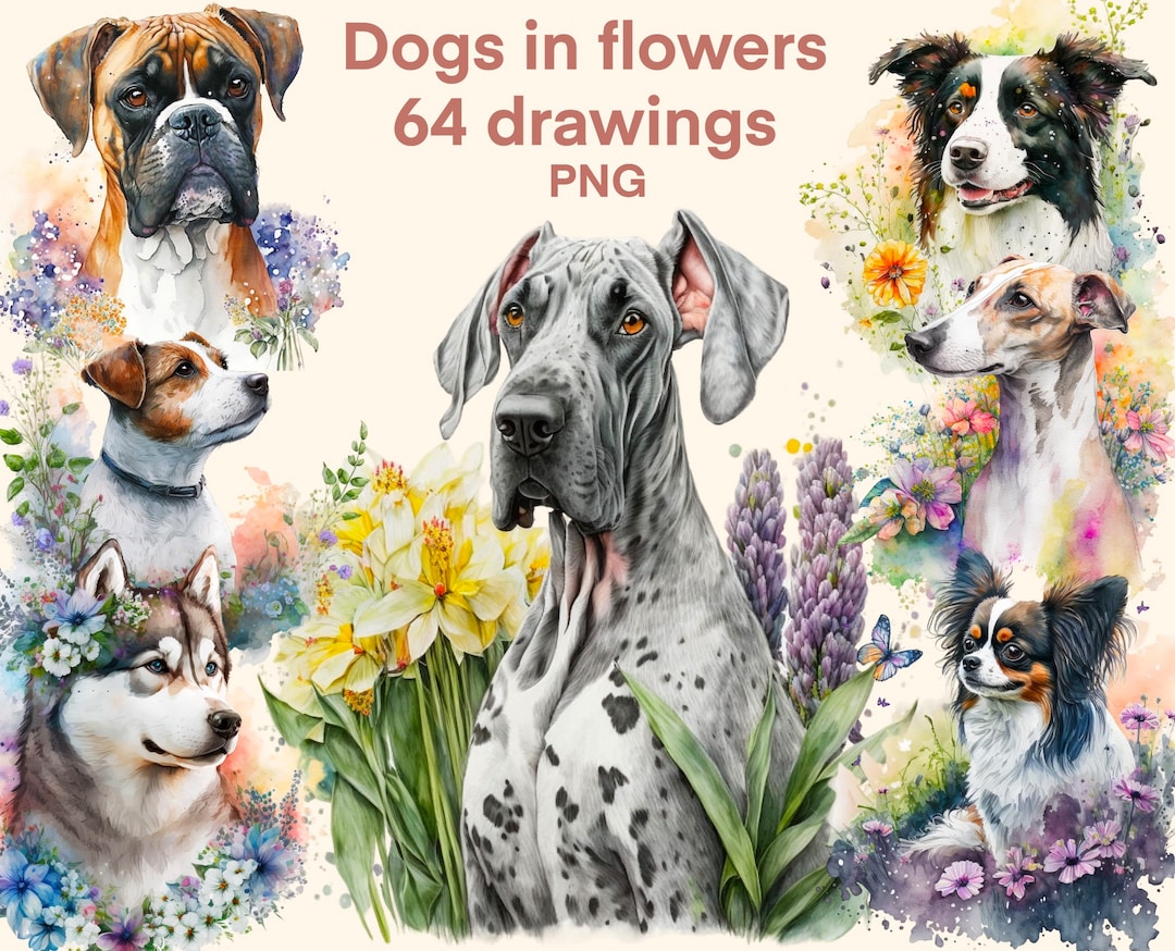 Dogs in Flowers Watercolor Clipart Png, Cute Dog Digital Print ...