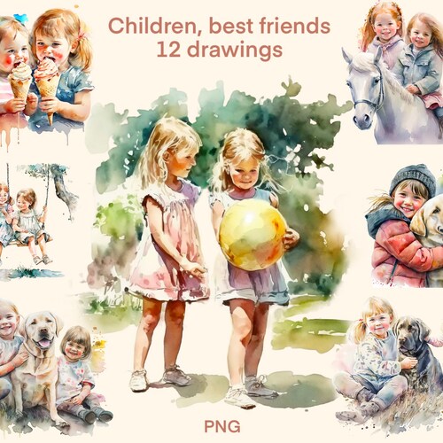 Children Best Friends Watercolor Clipart Png Cute Friends - Etsy