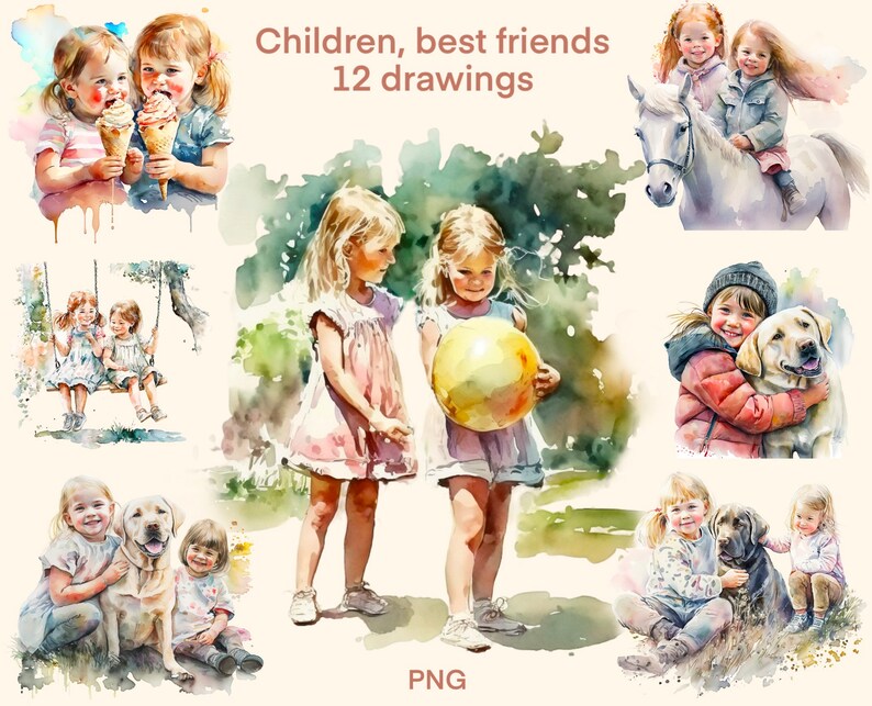 Children Best Friends Watercolor Clipart Png Cute Friends - Etsy