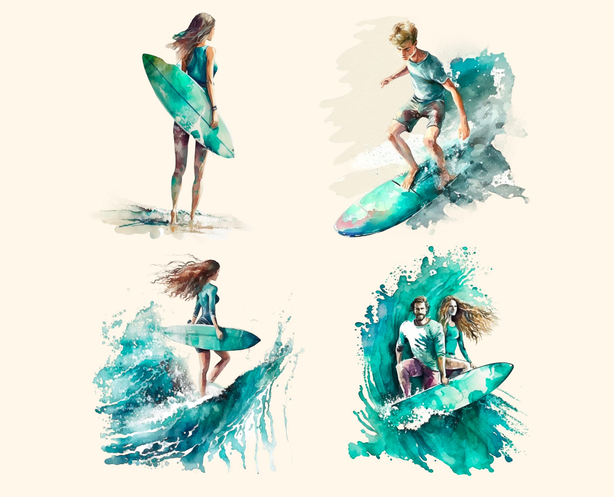 Surfing Watercolor Clipart Beach Digital Sublimation - Etsy