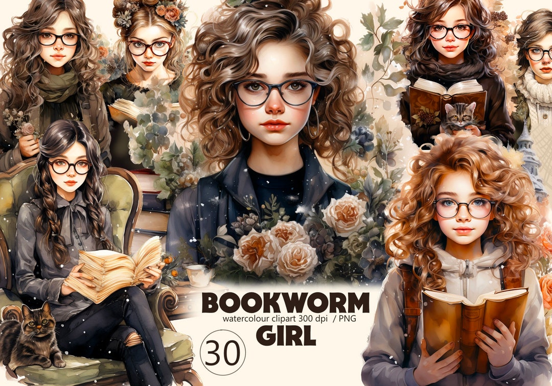 Bookworm Girl, Victorian Lady Clipart, Delicate Watercolor, Digital ...