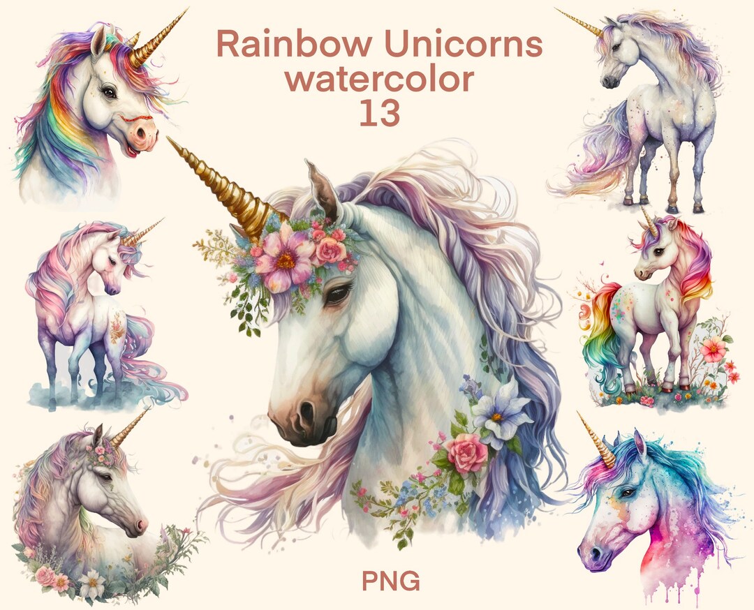 Rainbow Unicorns Clipart Watercolor Png, Digital Print, Illustration ...
