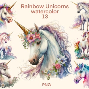 Rainbow Unicorns Clipart Watercolor Png, Digital Print, Illustration ...