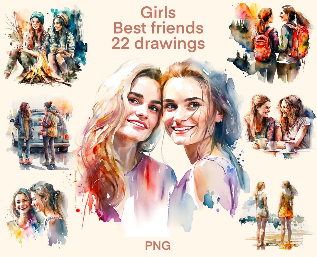 Girls, Best Friends Watercolor Clipart Png, Cute Friends Digital Print ...