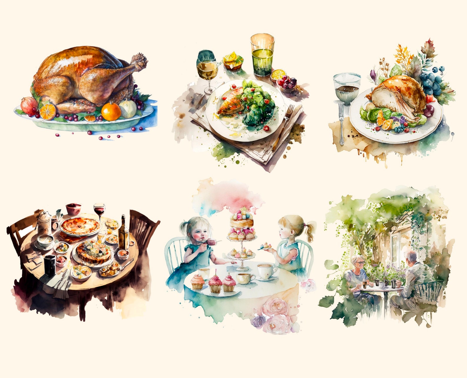 Feast Clipart Watercolor, Digital Print, Family Illustration Set ...