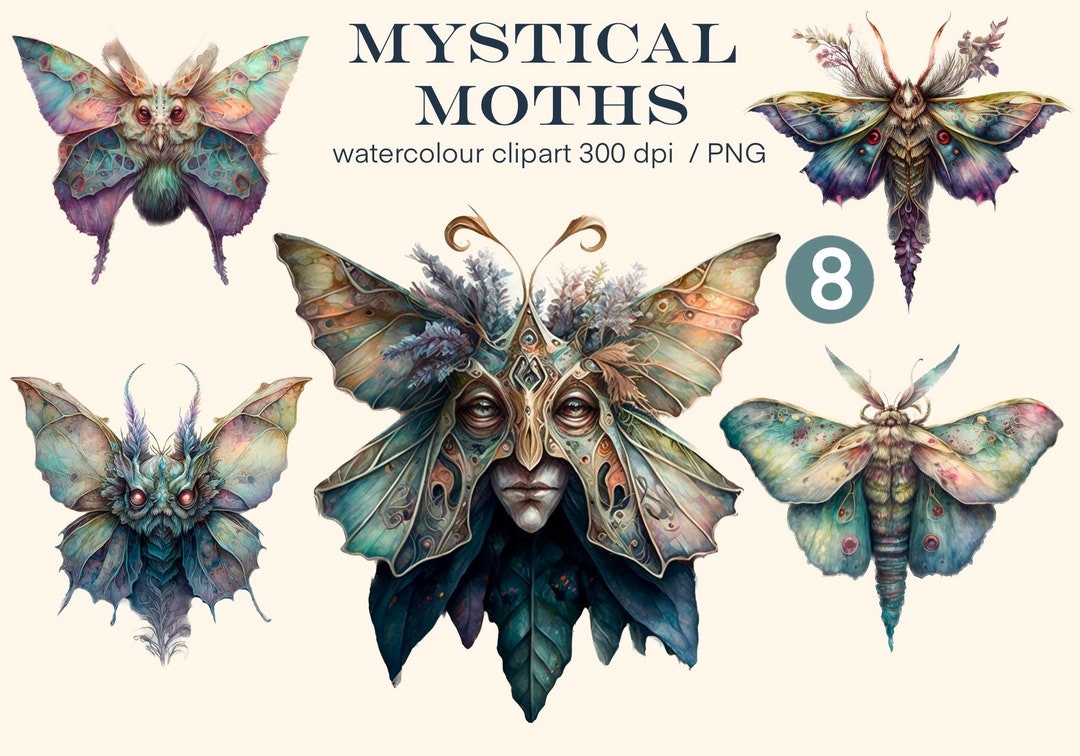 Mystical Moths Clipart Watercolor Png, Clipart, Occult Illustration Set ...