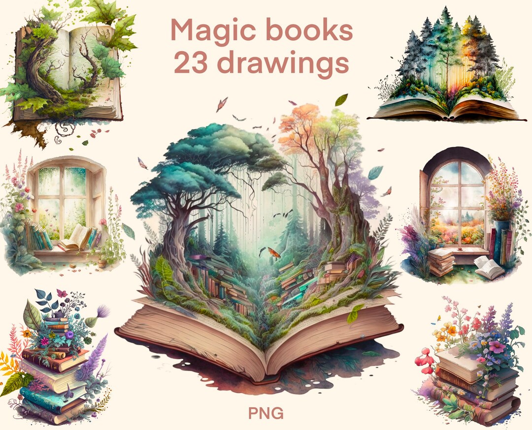 Magic Books, Bookworm, Clipart Watercolor, Digital Print, Illustration ...