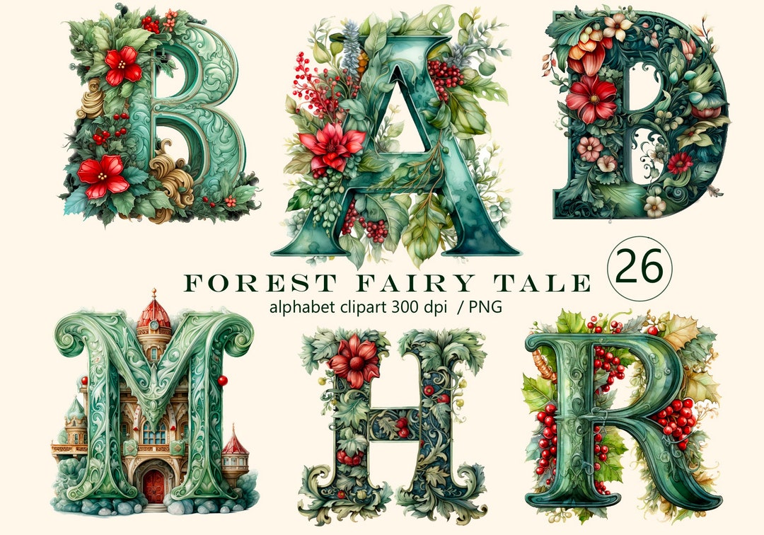 Forest Fairy Tale, Christmas Alphabet Watercolor Clipart, 26 Floral ...