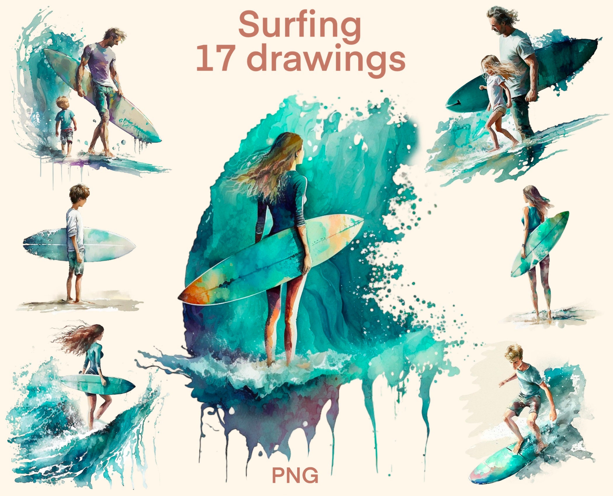 Surfing Watercolor Clipart Beach Digital Sublimation - Etsy