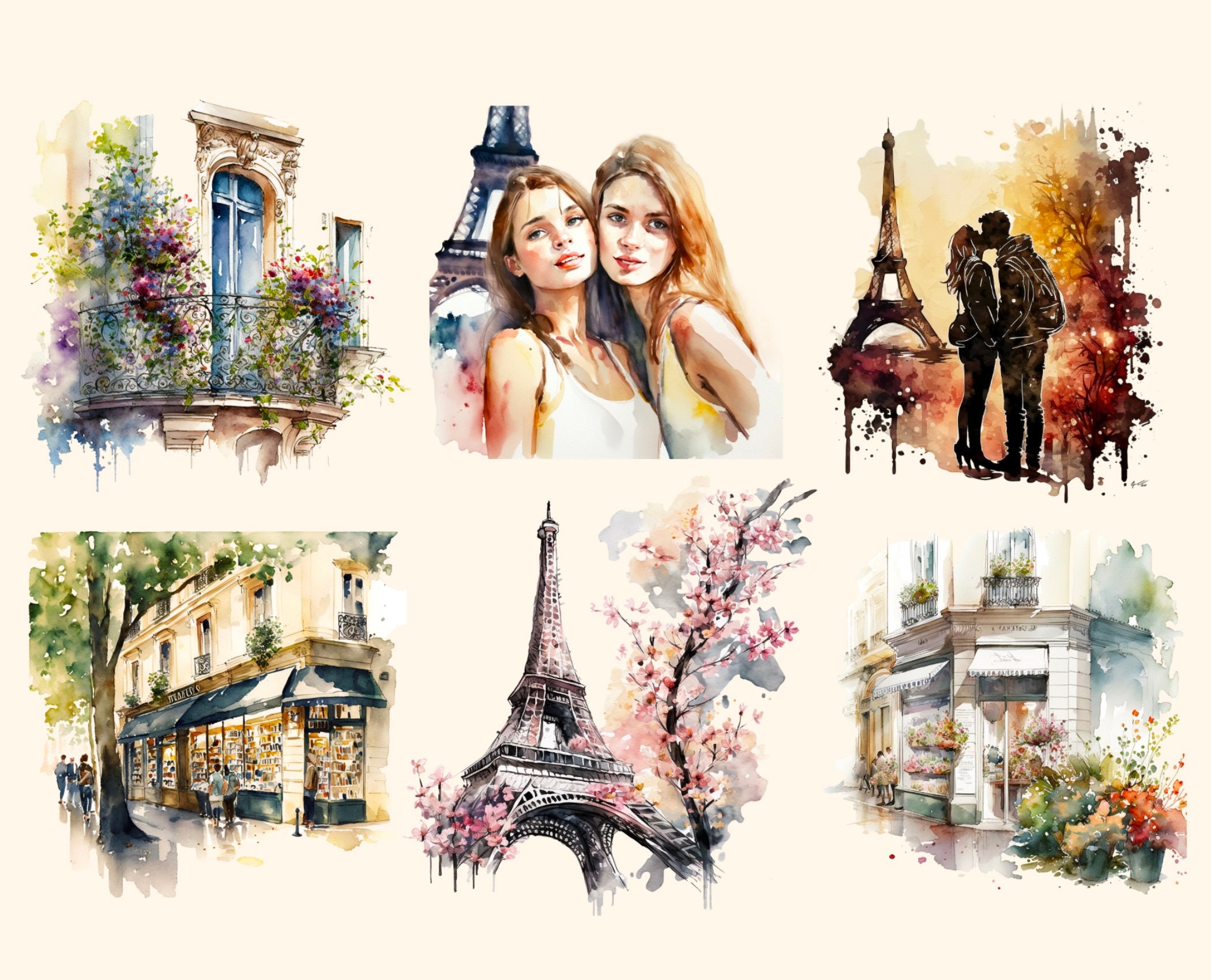 Paris Clipart Watercolor Digital Print Paris Doodles - Etsy