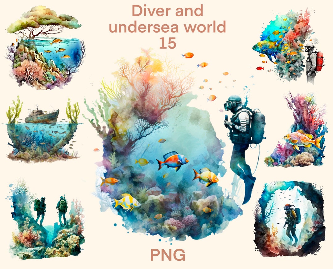 Diver and Undersea World, Sea, Coral Reef Watercolor Clipart, Beach ...