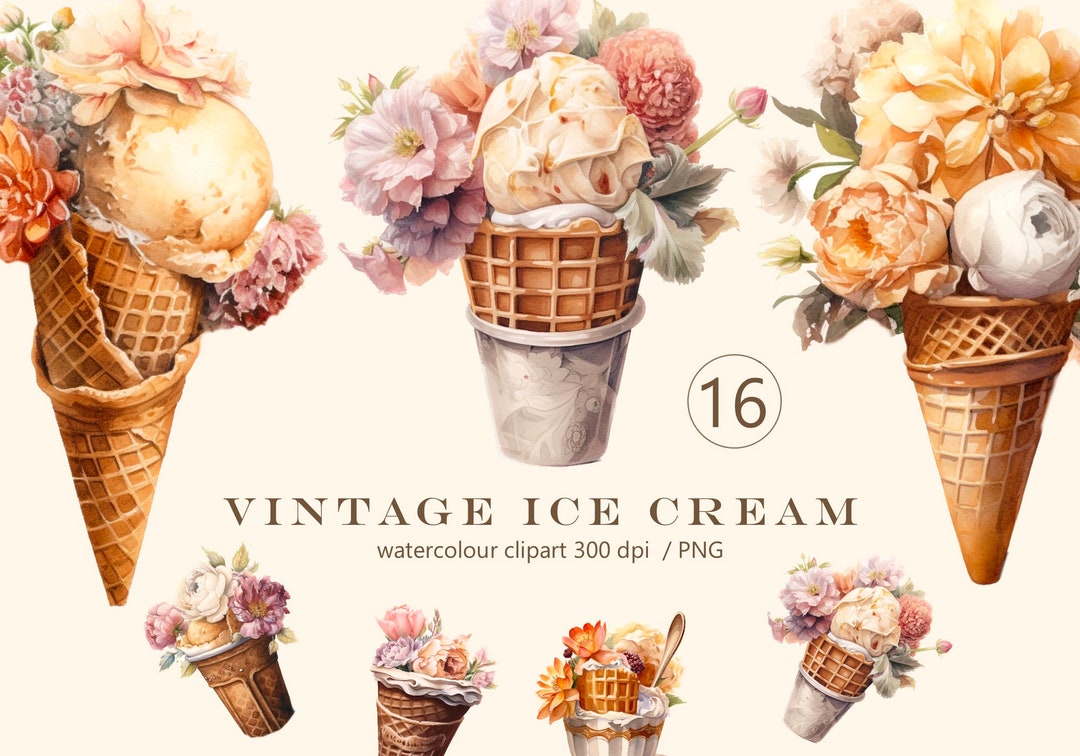 Vintage Ice Cream Clipart Watercolor, Vintage Cake Png, Flowers, A ...