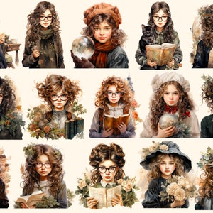 Bookworm Girl, Victorian Lady Clipart, Delicate Watercolor, Digital ...