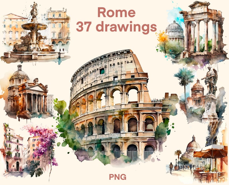 Rome Watercolor Clipart Italy Digital Print Coliseum - Etsy