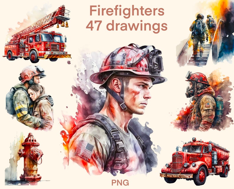 Firefighters Clipart Watercolor Illustration Set Stickers - Etsy