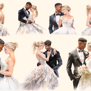 Wedding, Black Groom and White Bride Clipart Watercolor, Mixed Race ...