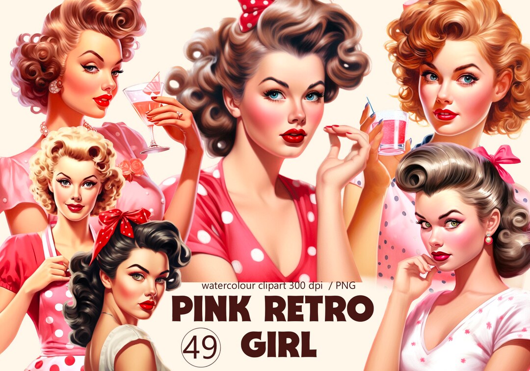 Pink Retro Girl Watercolor Clipart Digital Print, Woman With 50s ...