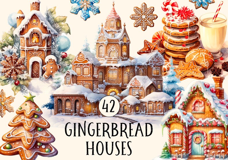 Christmas Gingerbread Houses Watercolour Clipart Jingle - Etsy