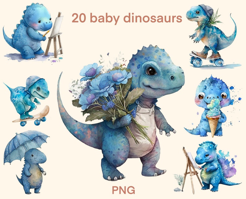 Baby Dinosaurs Clipart Watercolor Png Cute Blue Baby Dino - Etsy