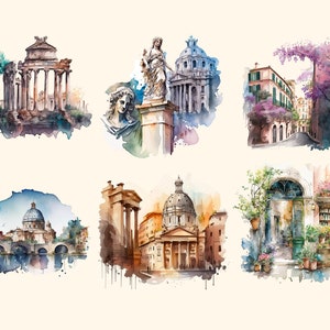 Rome Watercolor Clipart, Italy Digital Print, Coliseum Illustration Set ...