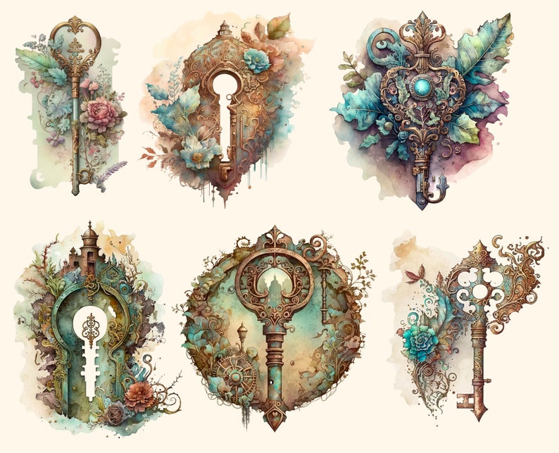Vintage Key and Lock Clipart Download Png Watercolor Digital - Etsy