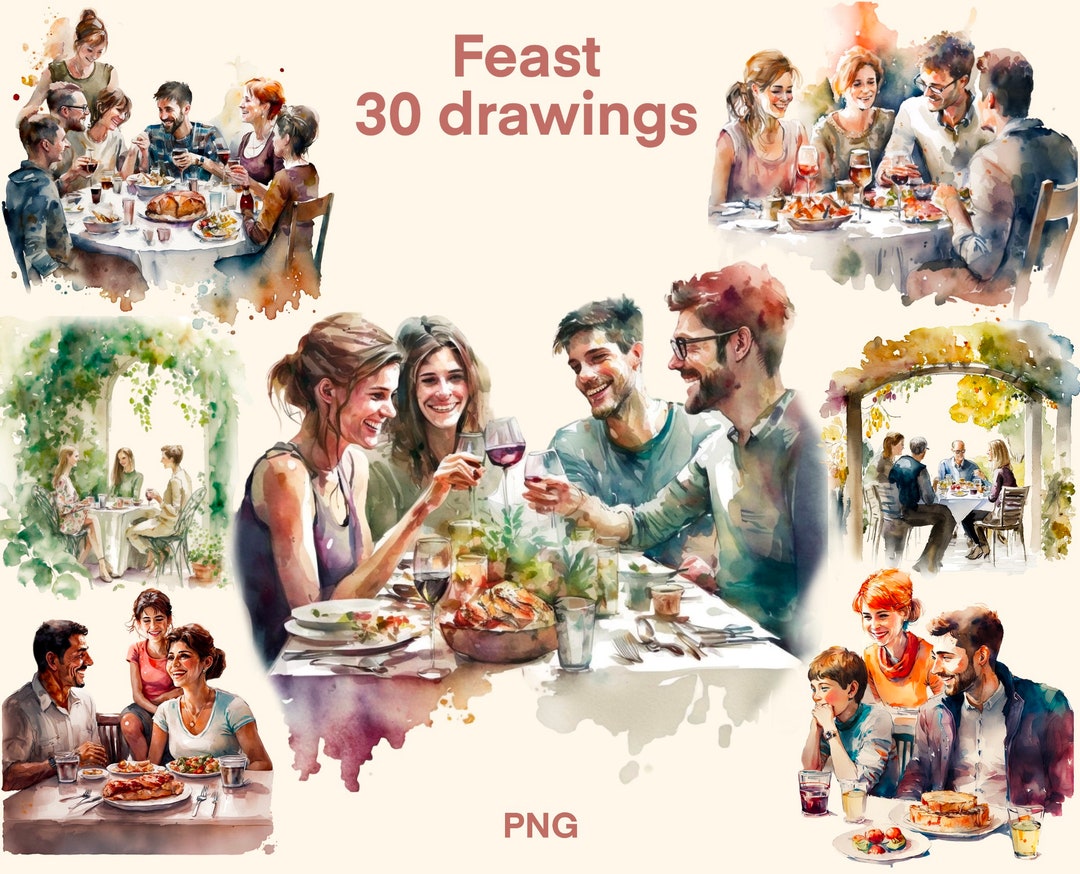 Feast Clipart Watercolor, Digital Print, Family Illustration Set ...