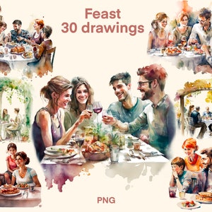 Feast Clipart Watercolor, Digital Print, Family Illustration Set ...