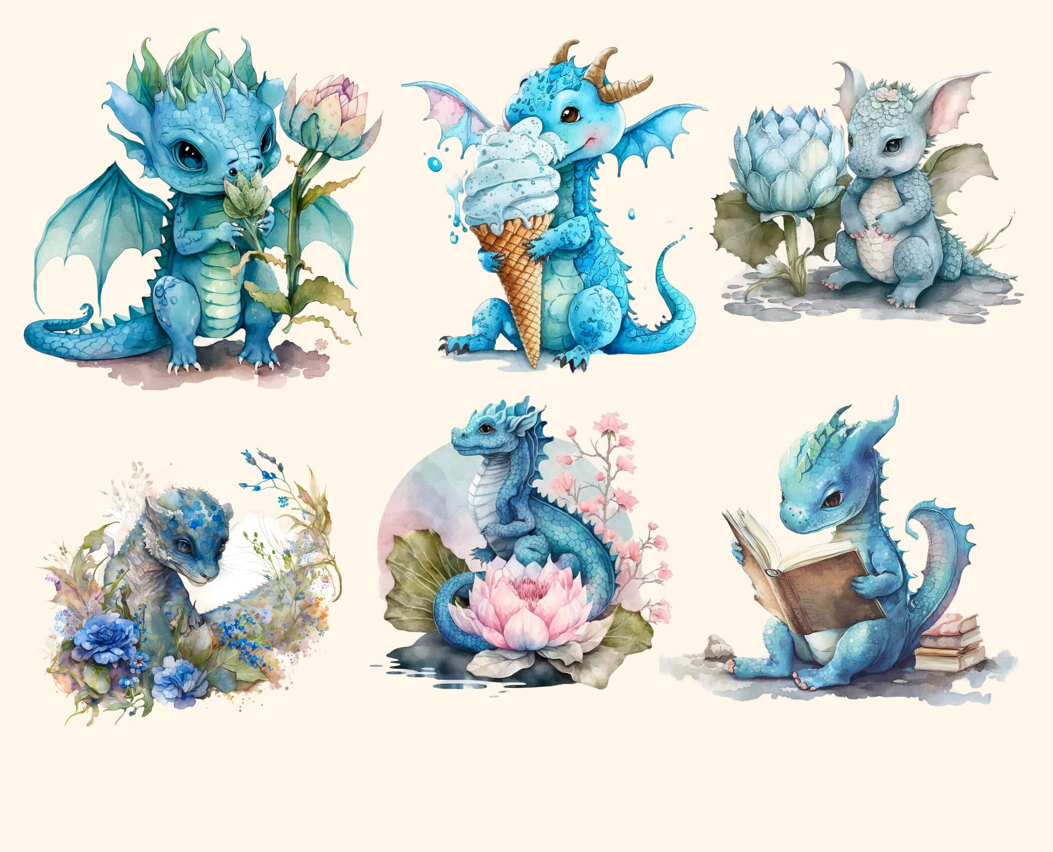 Baby Dragons Clipart Watercolor Png Cute Blue Baby Dragon - Etsy