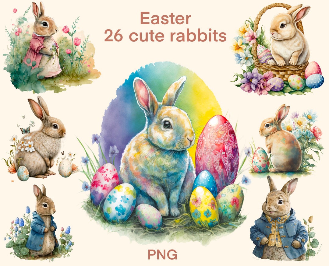Easter Clipart Watercolor Vintage Png, Cute Rabbit Digital Print ...