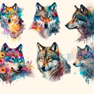 Wolf in Flowers Watercolor Clipart, Illustration Set, Stickers ...