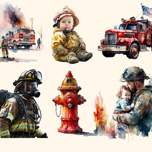 Firefighters Clipart Watercolor, Illustration Set, Stickers, Scrapbook ...