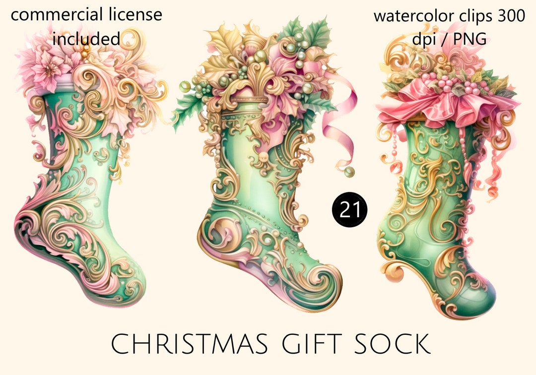 Christmas Gift Sock, Fairy Tale Watercolour Clipart, New Year, Holiday ...