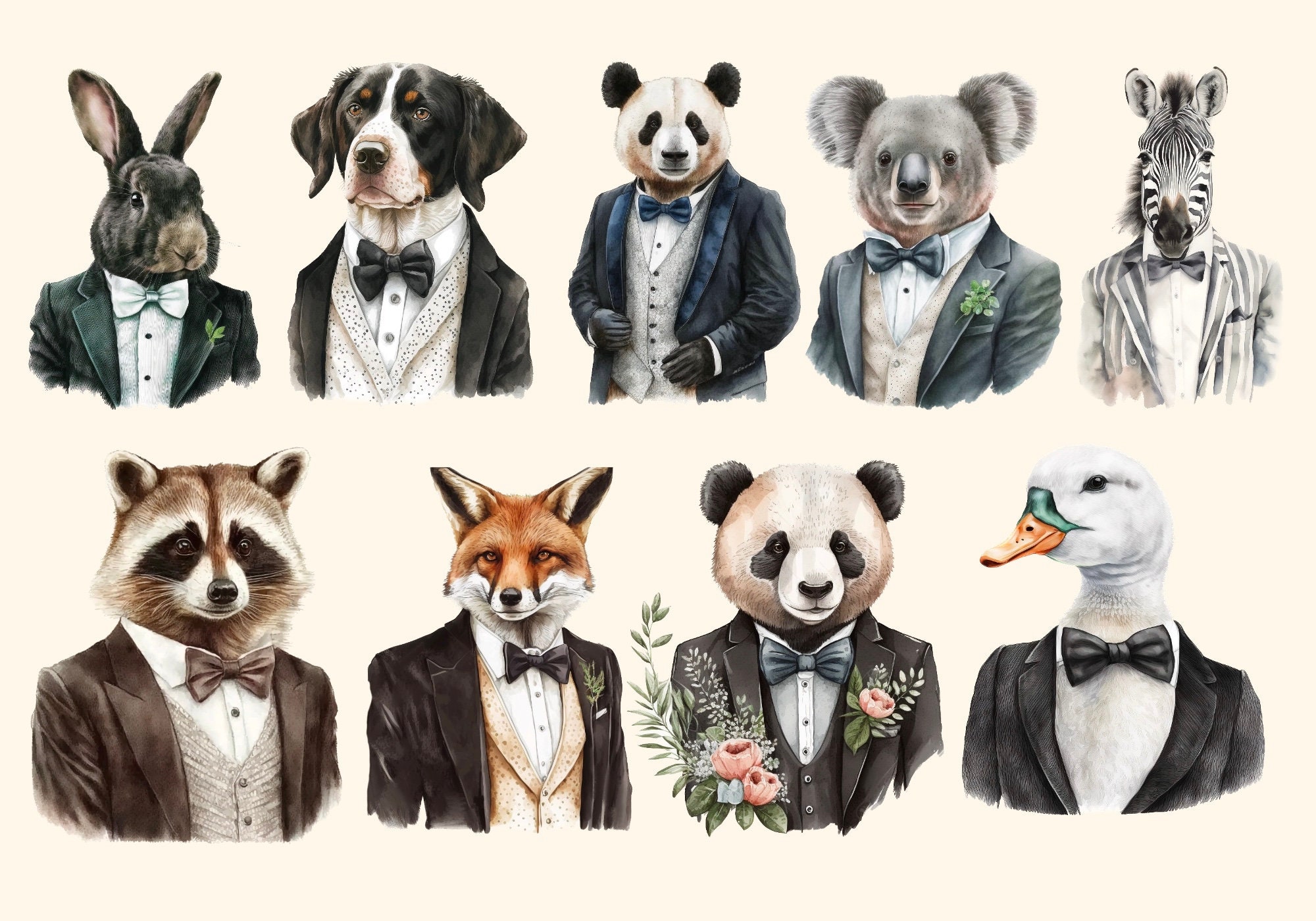 Zoo Style Animals in Suits Tailcoat and Bow Tie Classic - Etsy UK