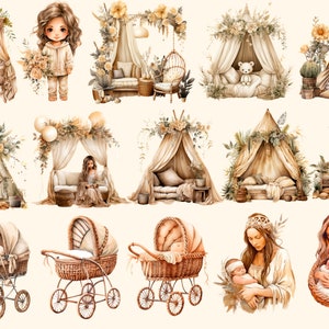 Boho Baby Girl, Watercolor Clipart, Newborn Children PNG, Nursery Decor ...