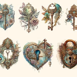 Vintage Key and Lock Clipart Download Png, Watercolor Digital Print ...