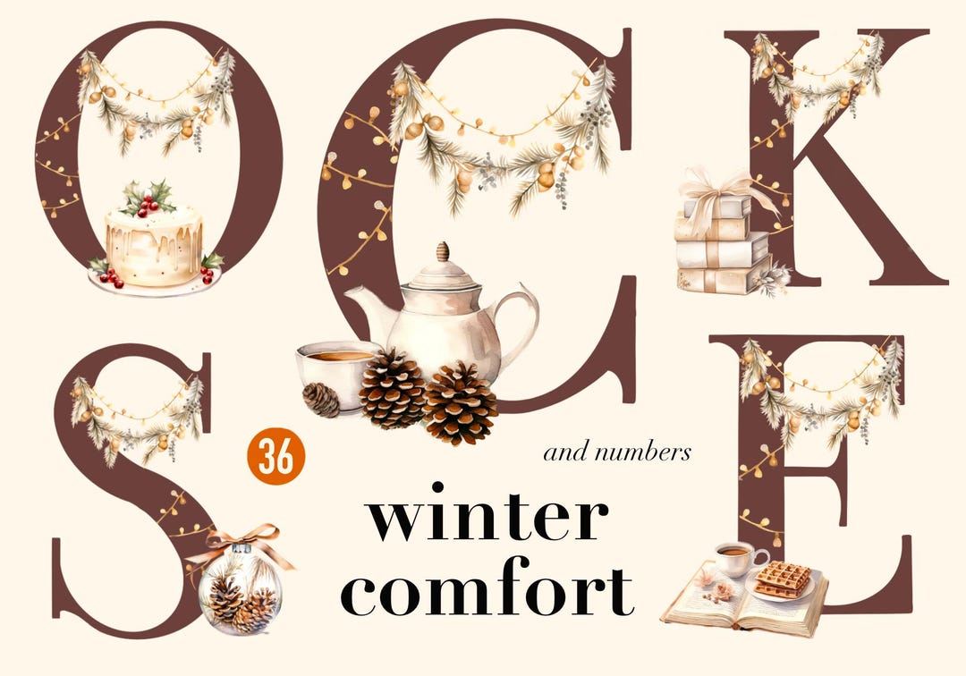 Winter Comfort Alphabet Watercolor Png, 26 Letters and 10 Numbers ...